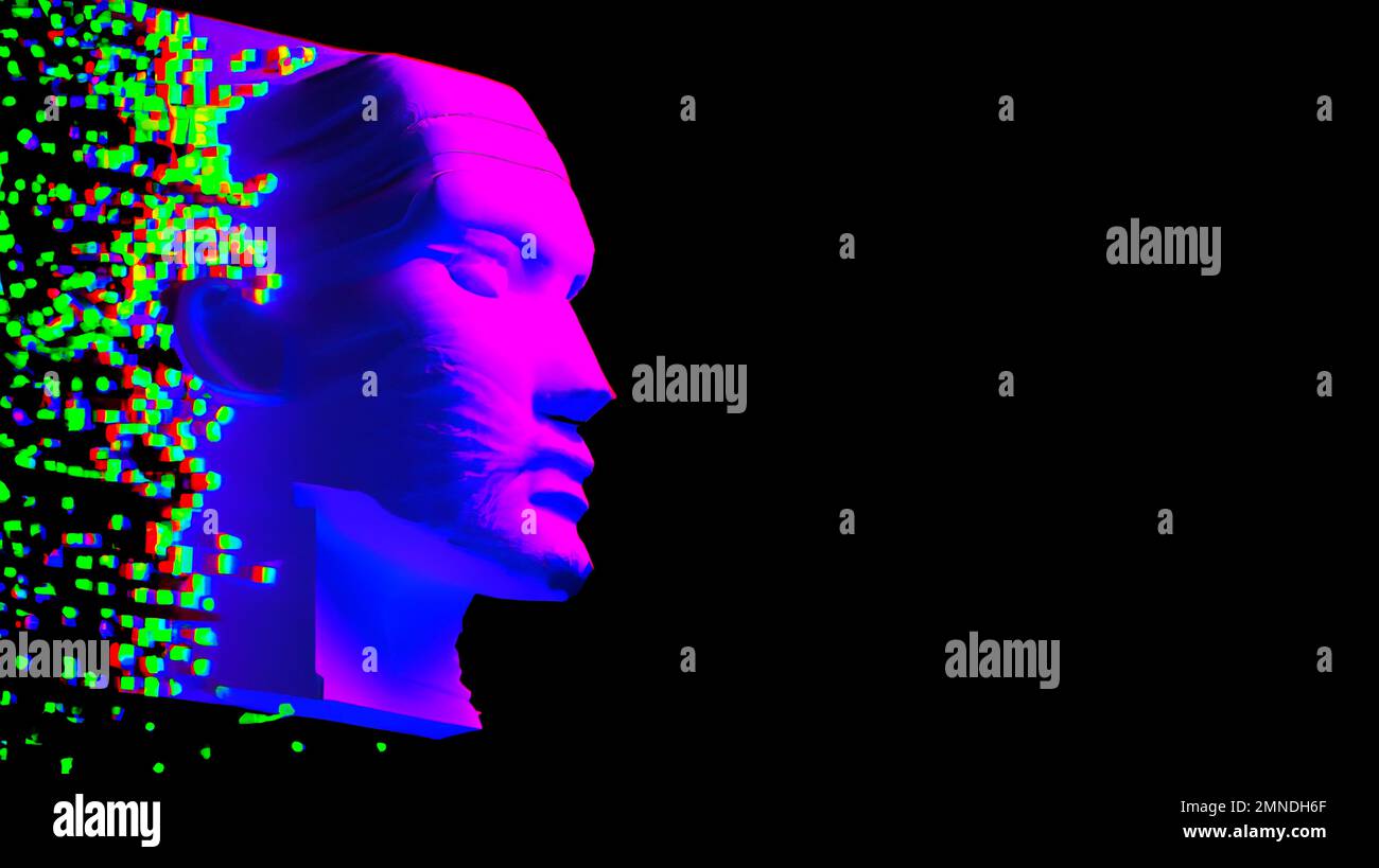 Human head made of pixels in neon holographic, virtual reality and ...