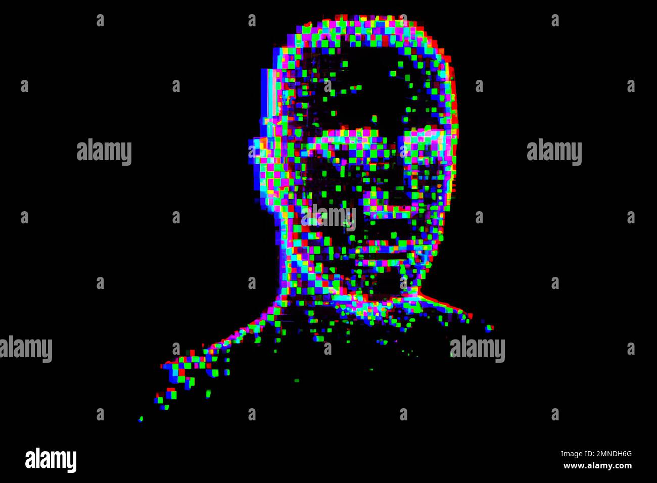 Human head made of pixels in neon holographic, virtual reality and ...