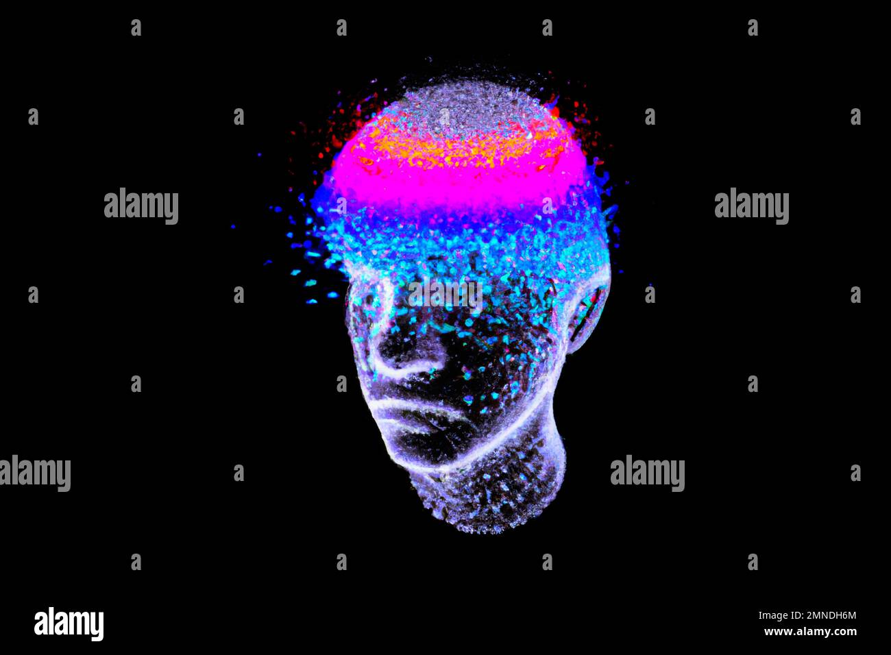 Human head made of pixels in neon holographic, virtual reality and ...