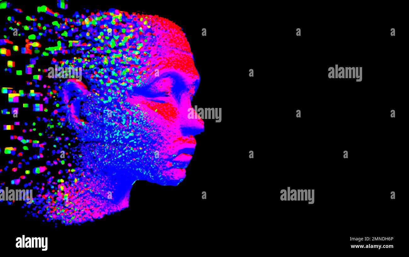 Human head made of pixels in neon holographic, virtual reality and ...