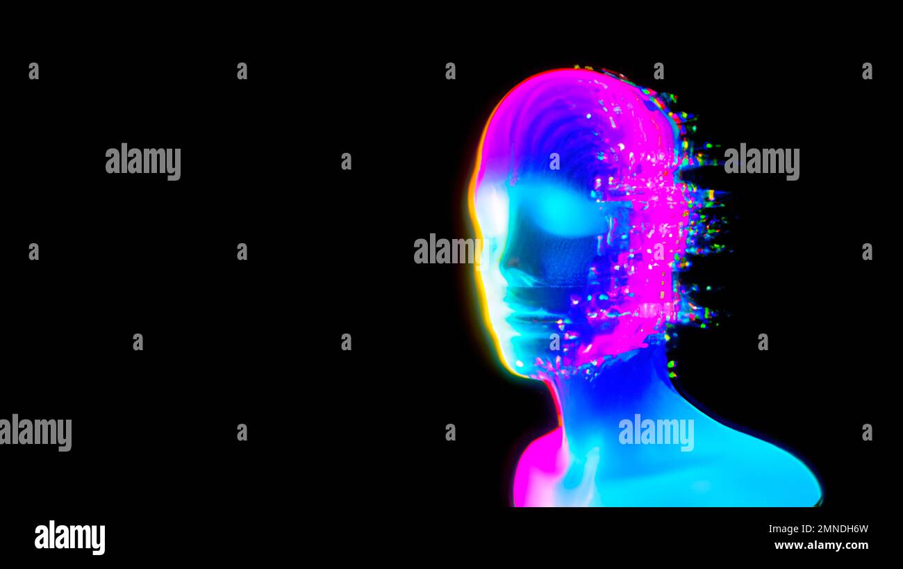 Human head made of pixels in neon holographic, virtual reality and ...