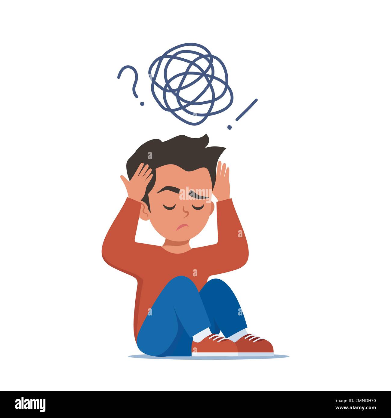 Sad boy sitting on floor surrounded by stream of anxious thoughts ...