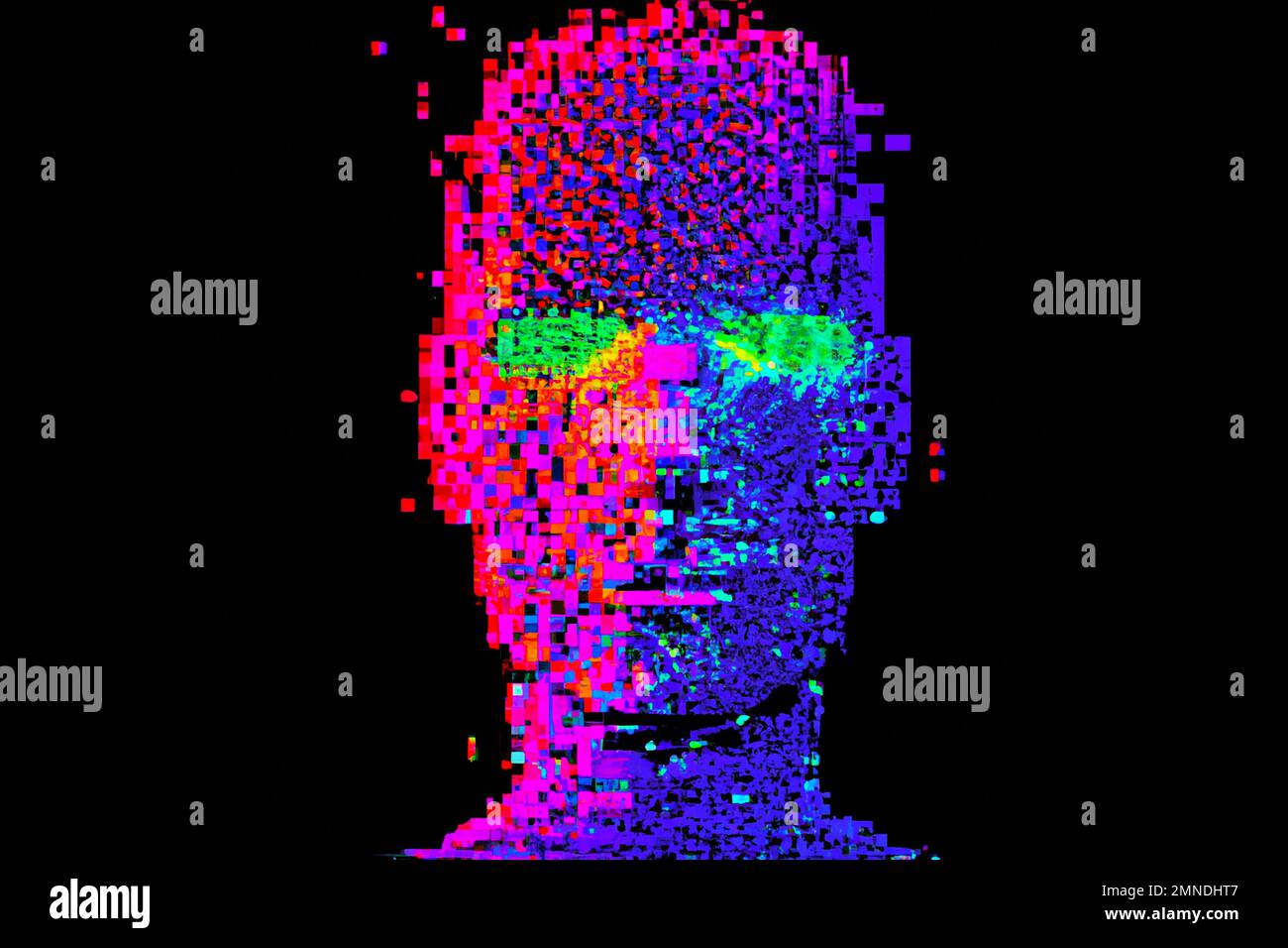 Human head made of pixels in neon holographic, virtual reality and ...