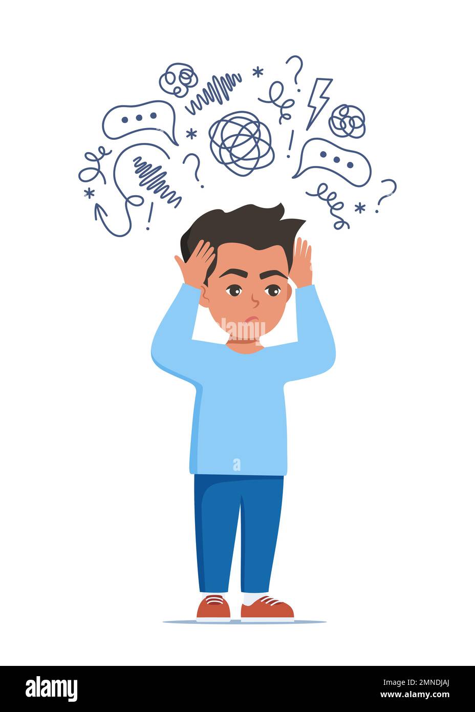 Sad boy standing on floor surrounded by stream of anxious thoughts ... Sad boy standing on floor surrounded by stream of anxious thoughts ...