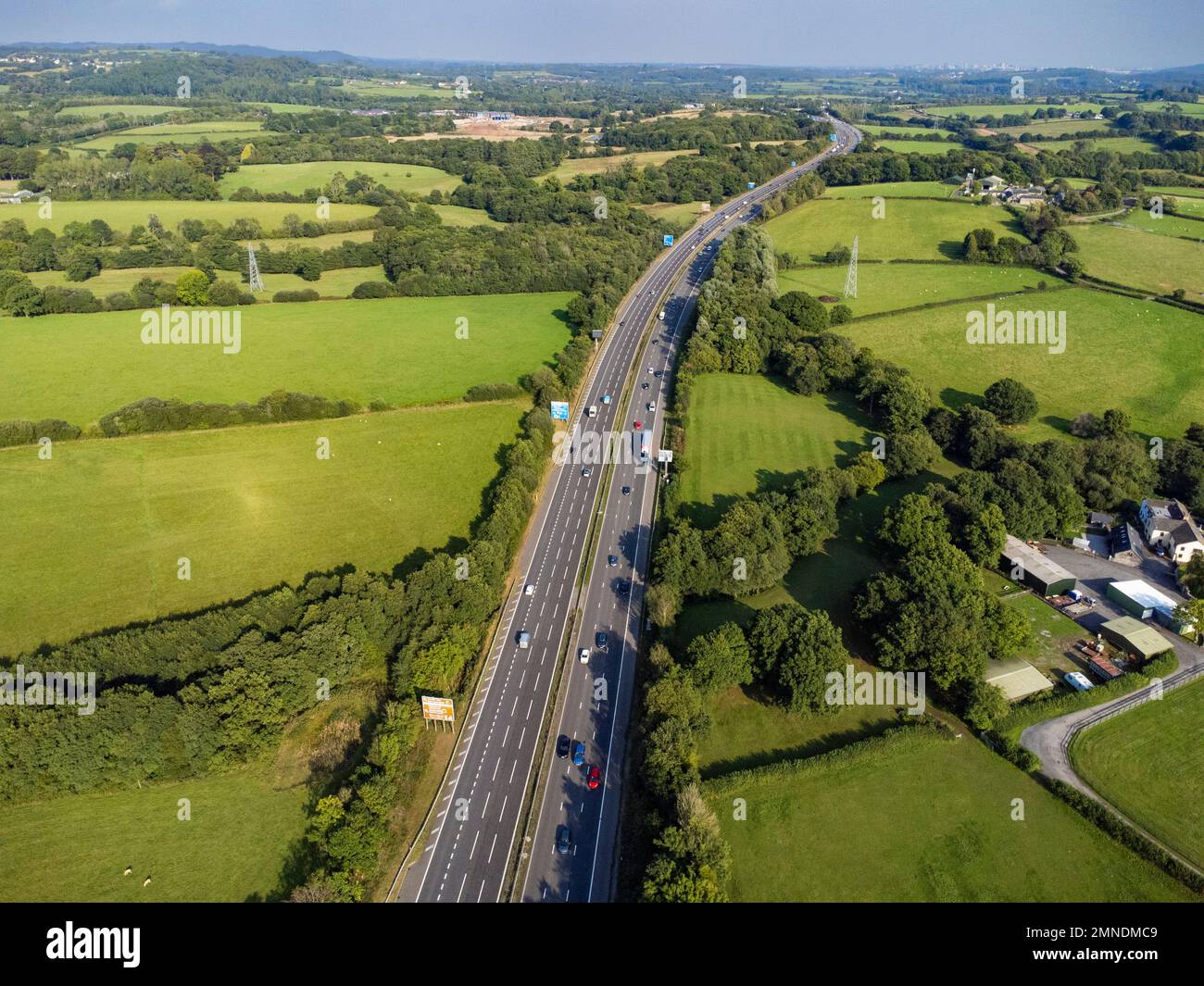 Aerial views of M4 Motorway, South Wales near Junction 34, Vale of ...