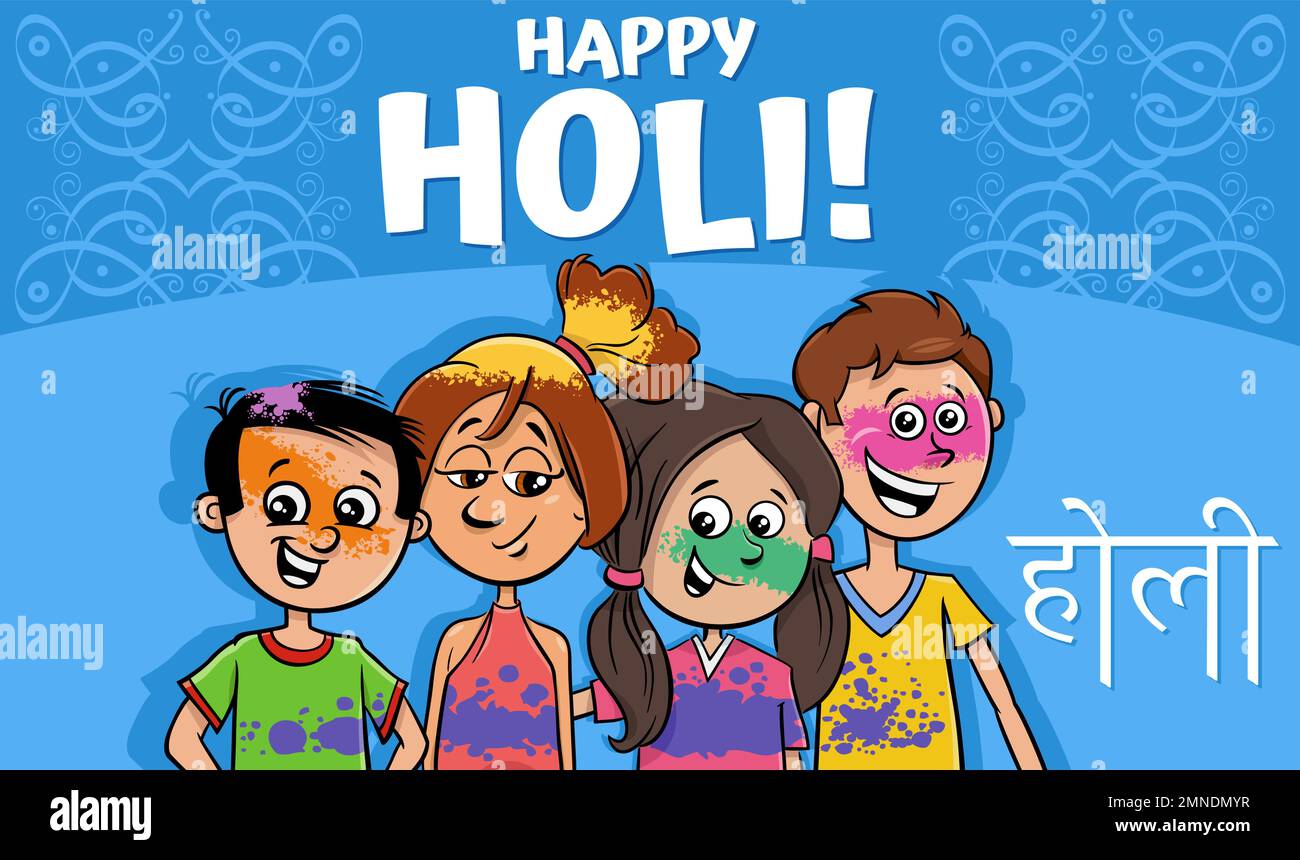 Cartoon illustration of Hindu Holi festival design with comic people ...