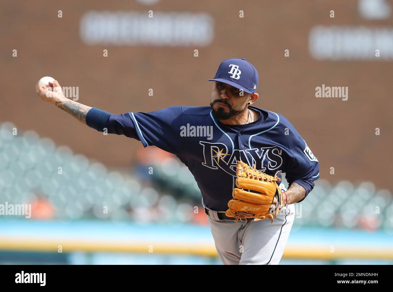 Tampa Bay Rays relief pitcher Sergio Romo throws during the ninth ...