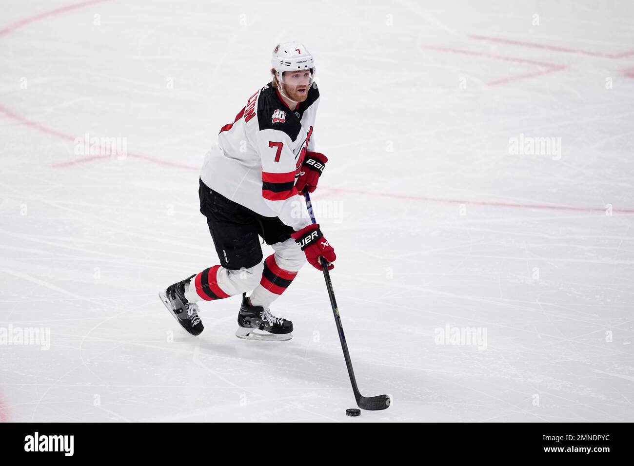 New Jersey Devils defenseman Dougie Hamilton controls the puck during ...