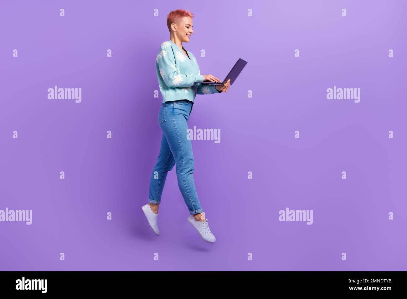 Full Body Size Photo Of Professional Programmer Courses Teacher Woman Jump Hold Netbook Writing