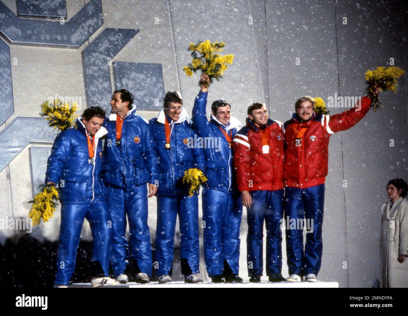 Two man bob sled medal ceremony at the Sarajevo Winter Olympics on Feb ...