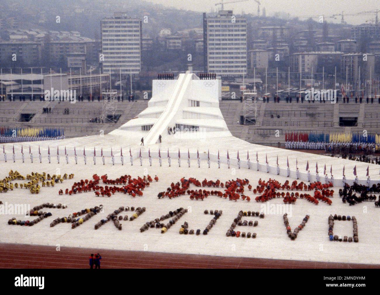 Yugoslav Olympic dancers line up to form words of greeting during a ...
