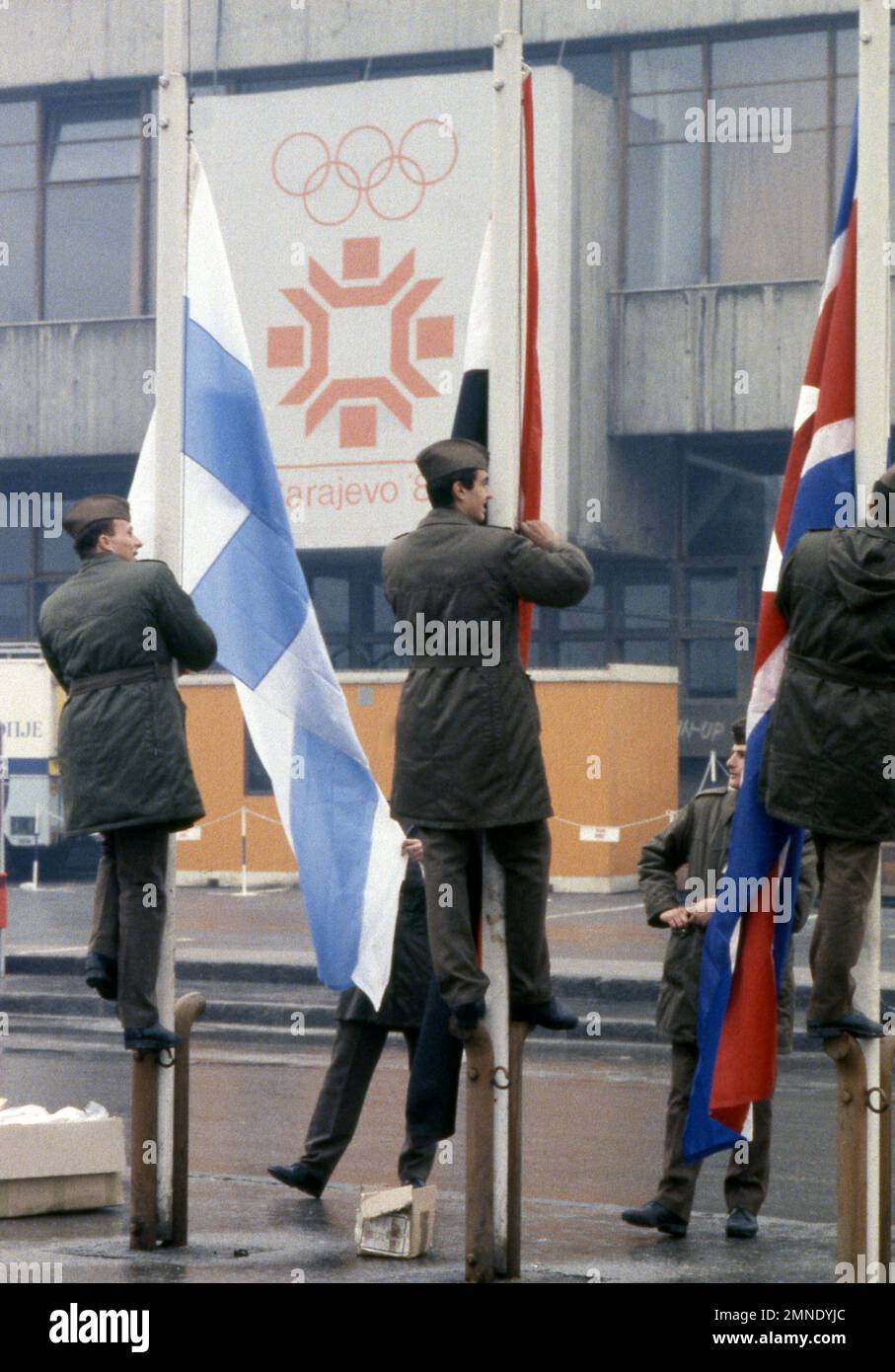 National flags are hoisted in Sarajevo, Feb 1984, in preparation for ...