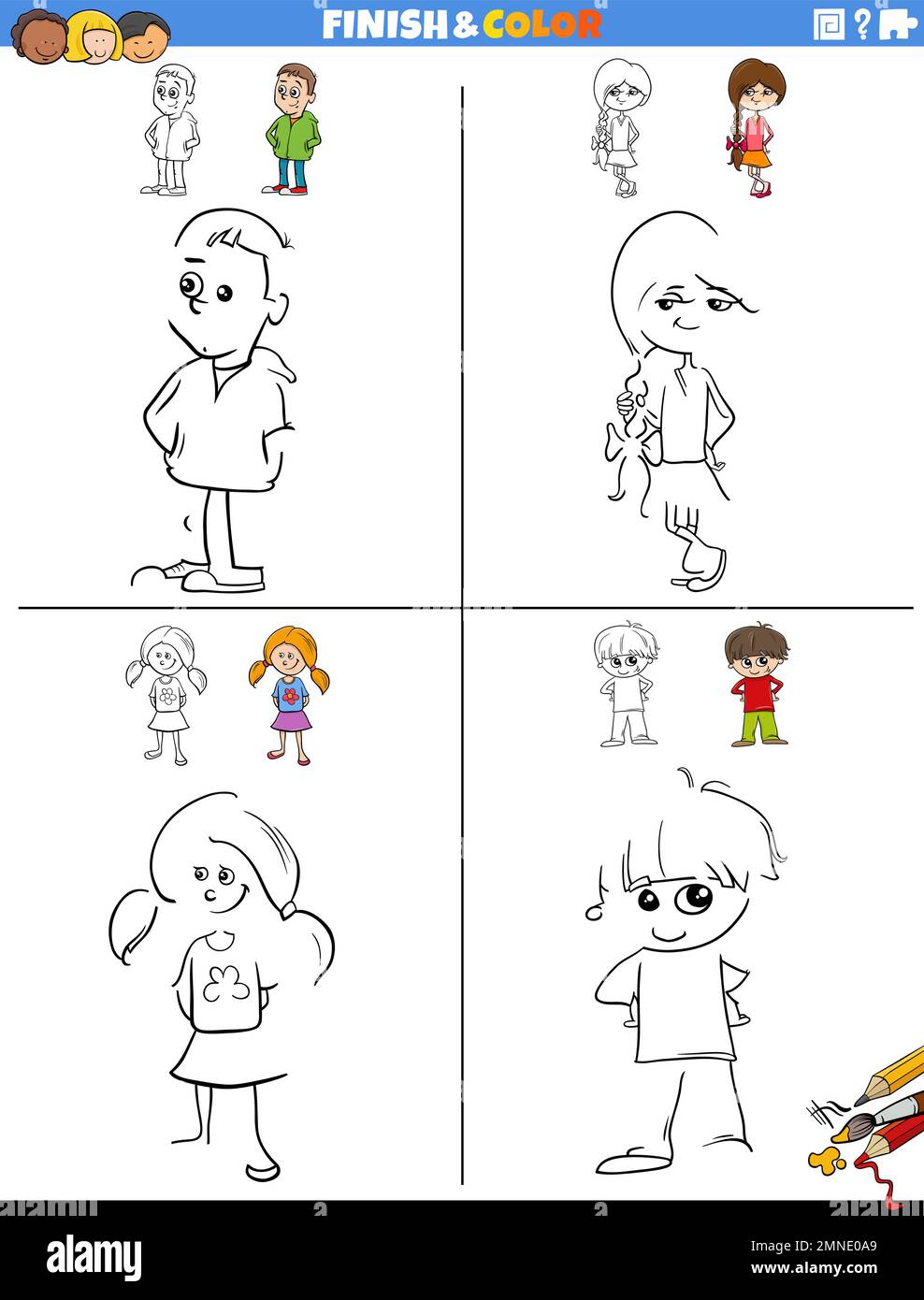 Cartoon illustration of drawing and coloring educational worksheets set ...