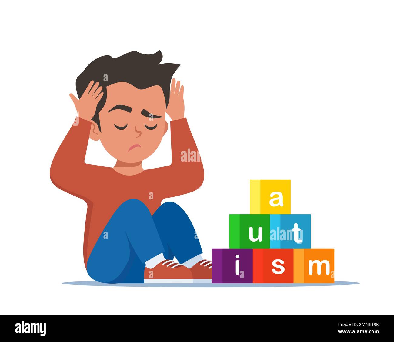 Autism concept. Boy feeling lonely. Sad boy sitting on floor surrounded ...