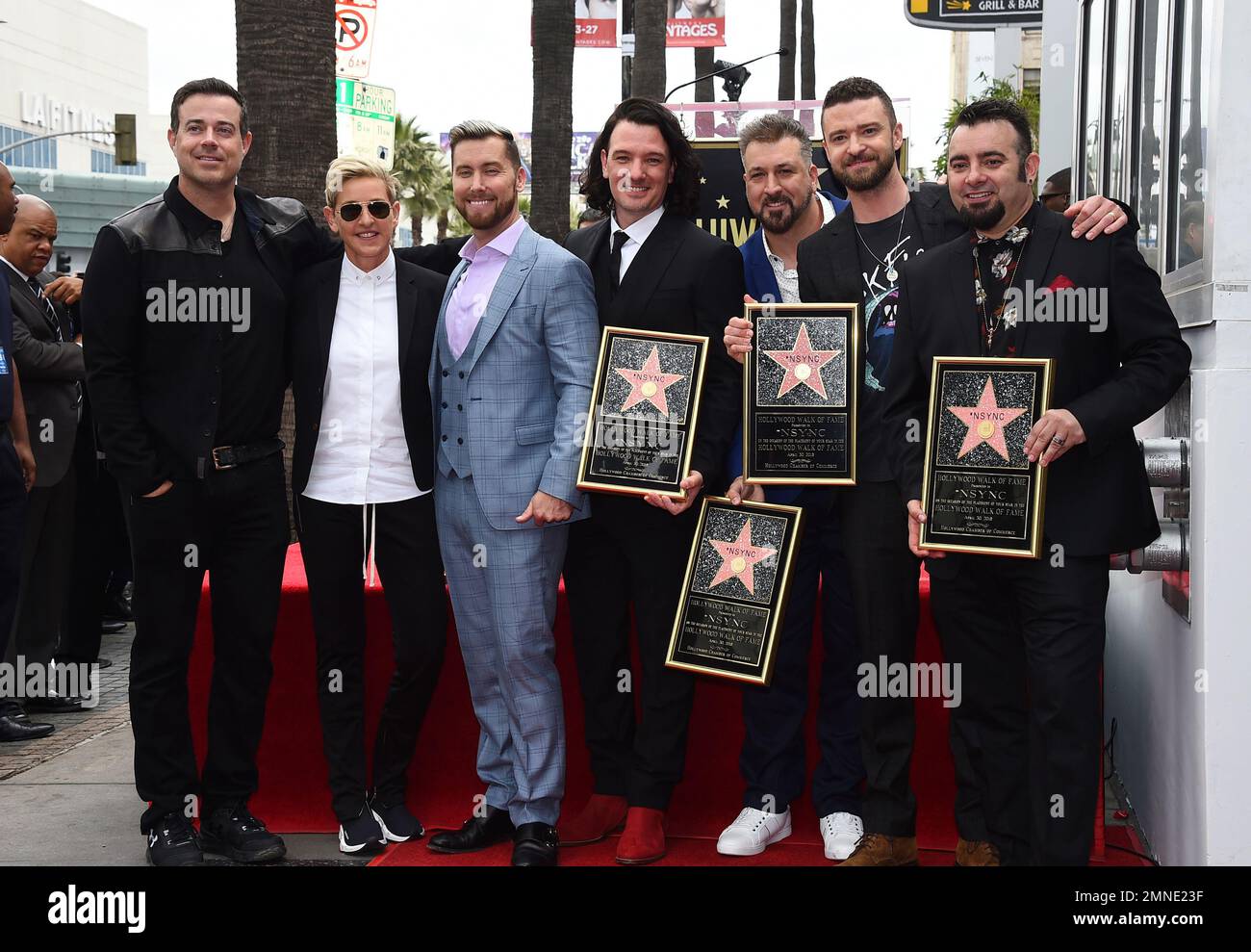 Carson Daly, from left, Ellen DeGeneres, Lance Bass, JC Chasez, Joey ...