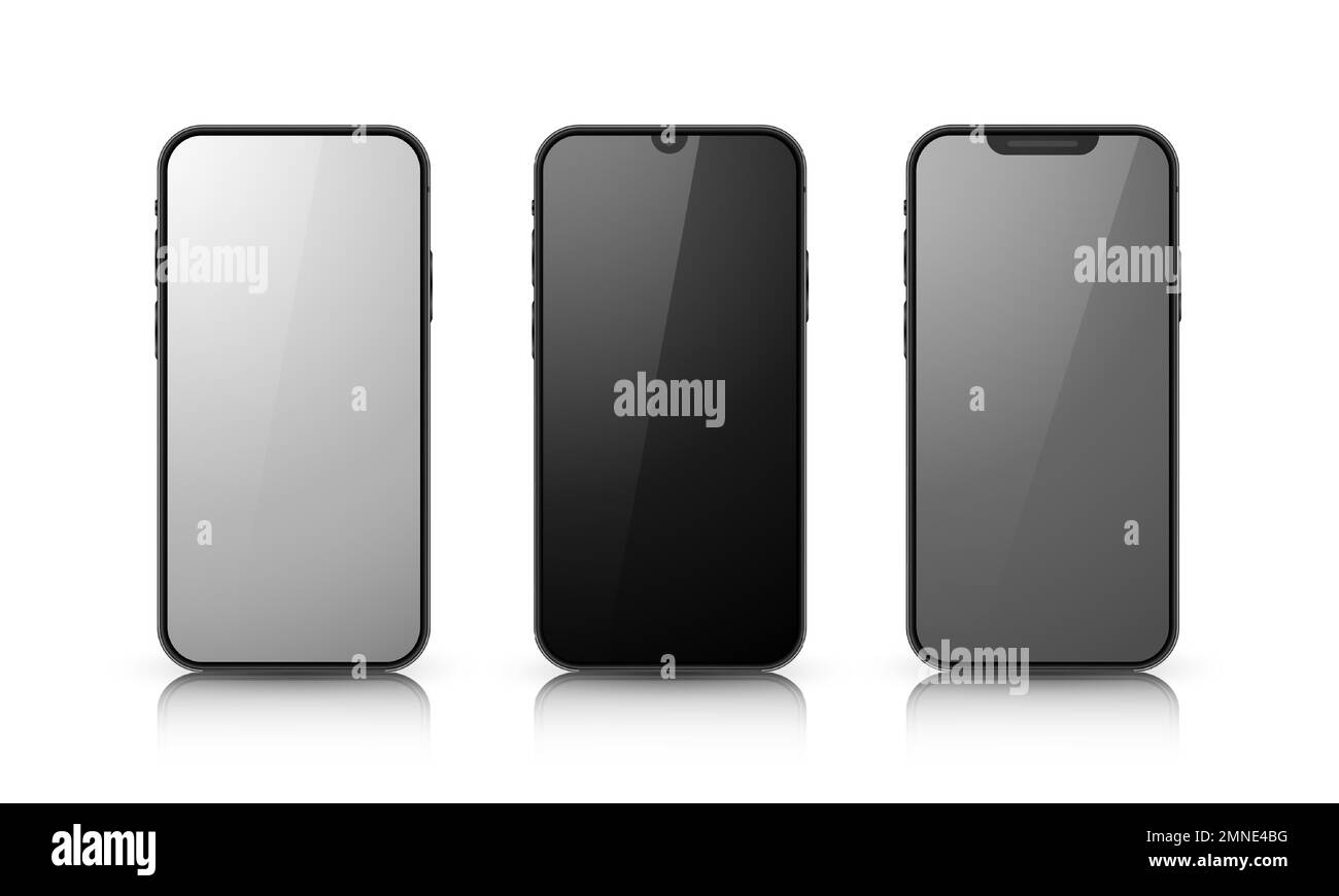 A set of three smartphones on a white background. Realistic 3D models ...
