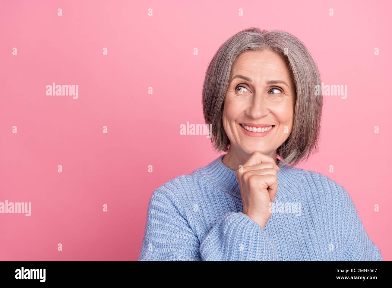 Photo of stunning minded lady wear blue stylish clothes look empty ...