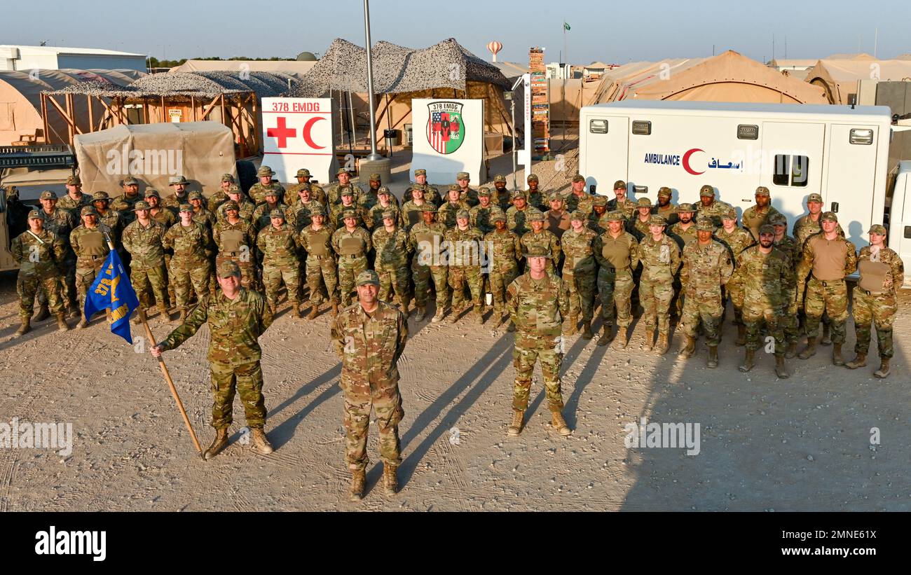 U.S. Airmen assigned to the 378th Expeditionary Medical Squadron, pose ...