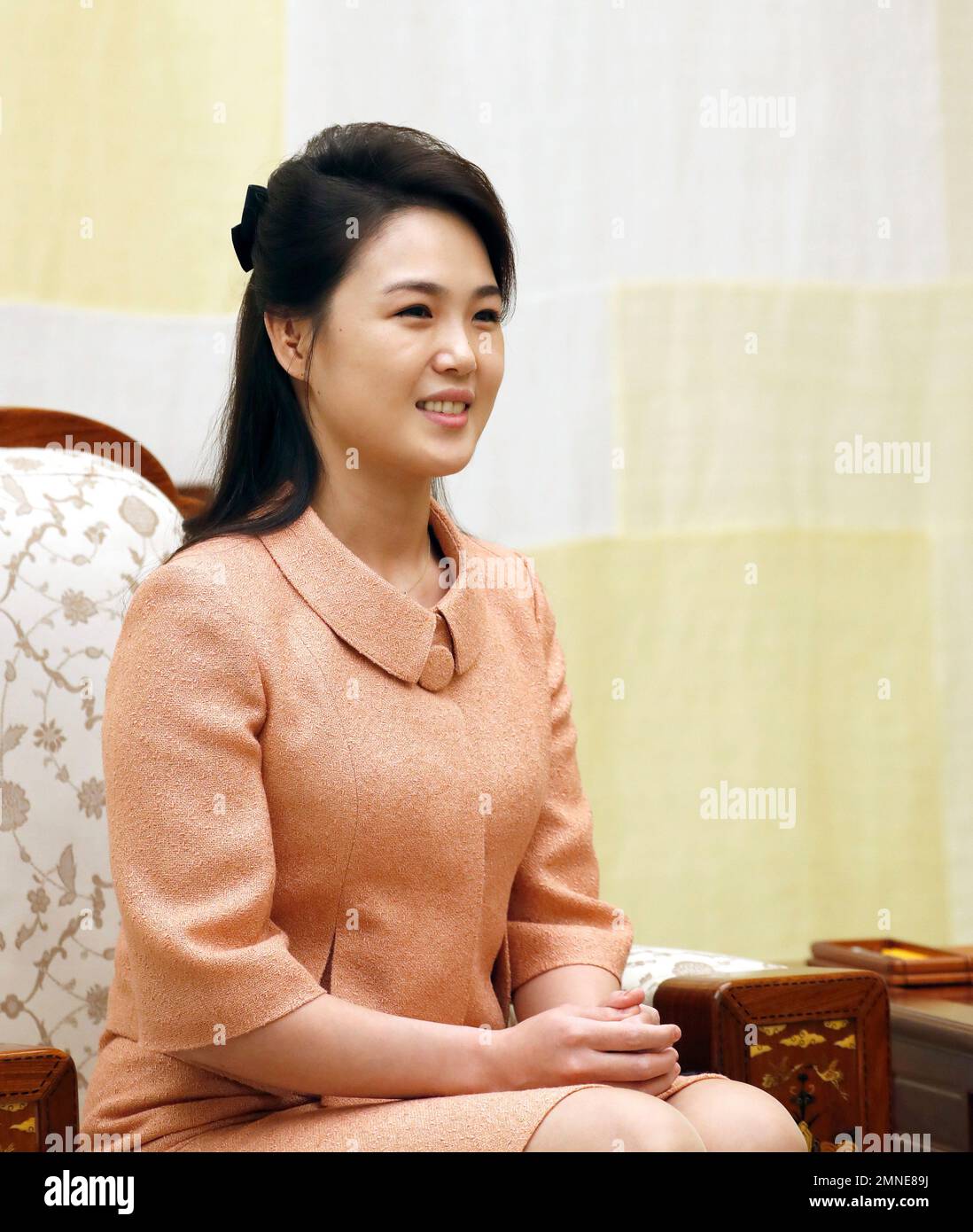 North Korean leader Kim Jong Un's wife Ri Sol Ju is seen at Peace House ...