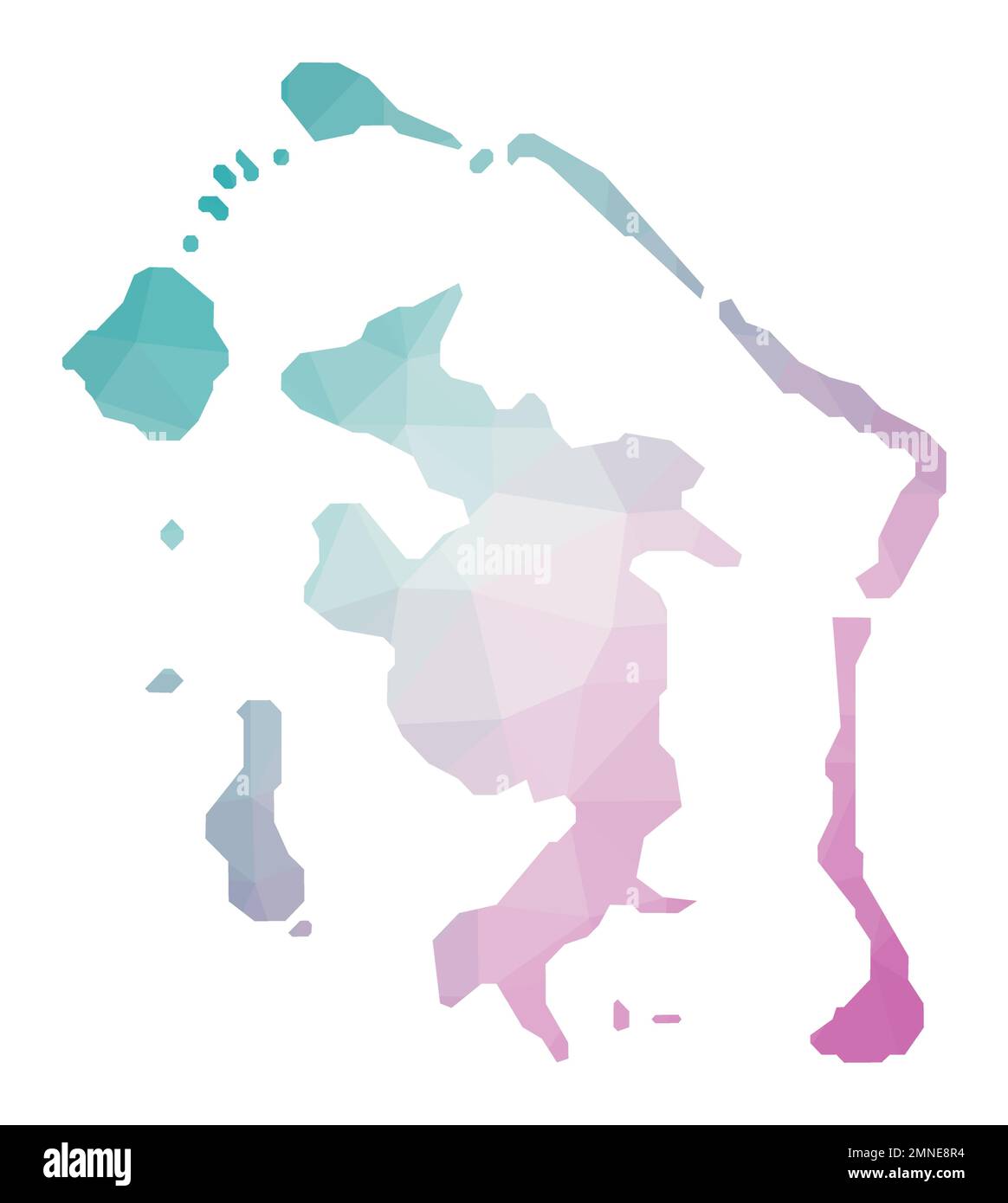 Polygonal map of Bora Bora. Geometric illustration of the island in emerald and amethyst colors ...