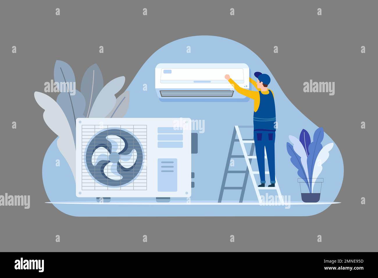 Professional worker of ventilation repair service in blue uniform stand ...