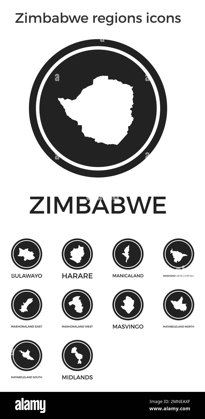 Zimbabwe regions icons. Black round logos with country regions maps and ...