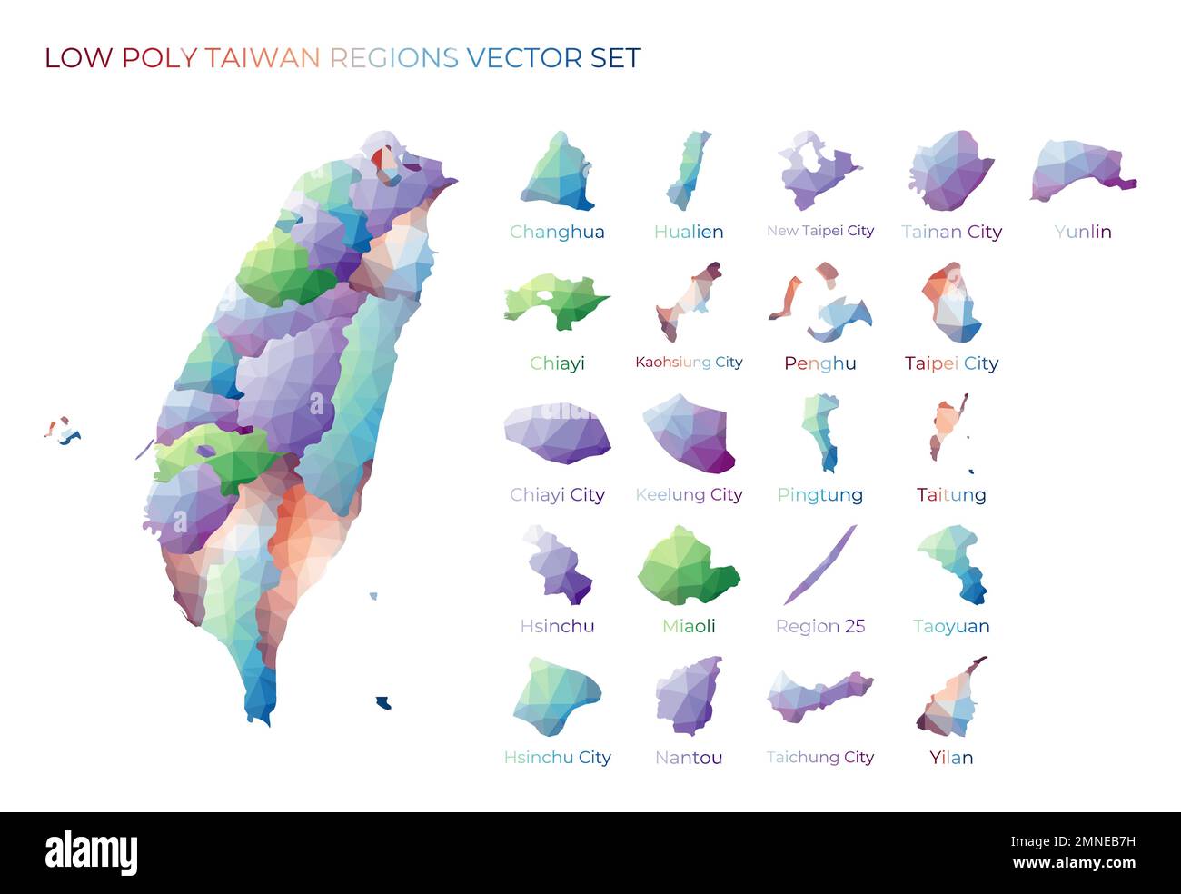 Taiwanese low poly regions. Polygonal map of Taiwan with regions ...