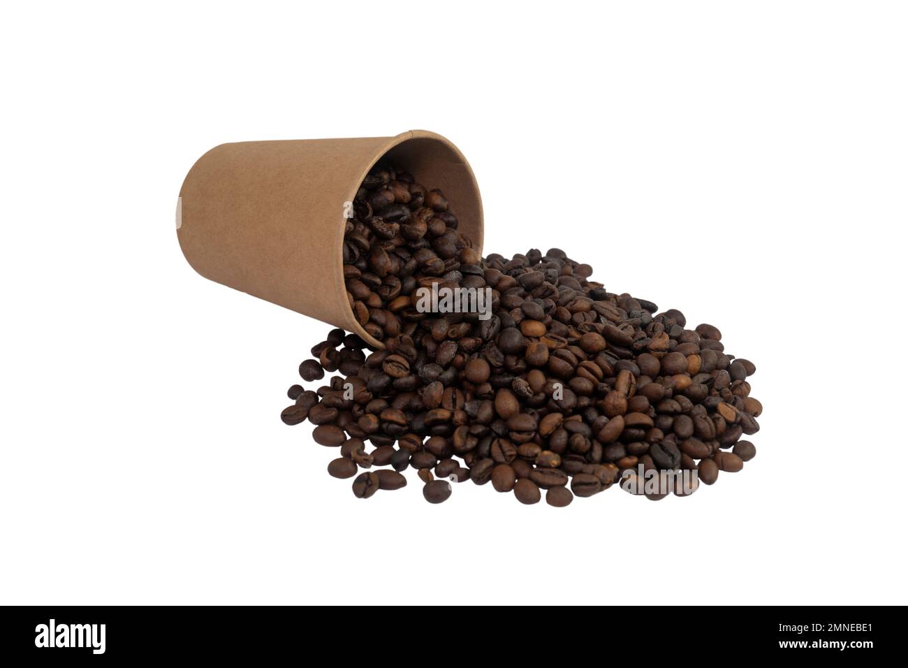 Overturned disposable paper cup filled with roasted coffee beans ...