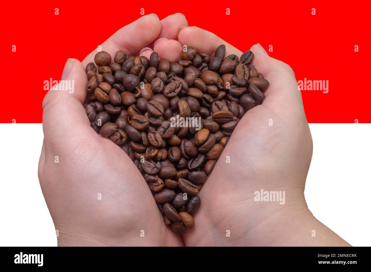 Handful of coffee beans close-up against the background of the flag of ...