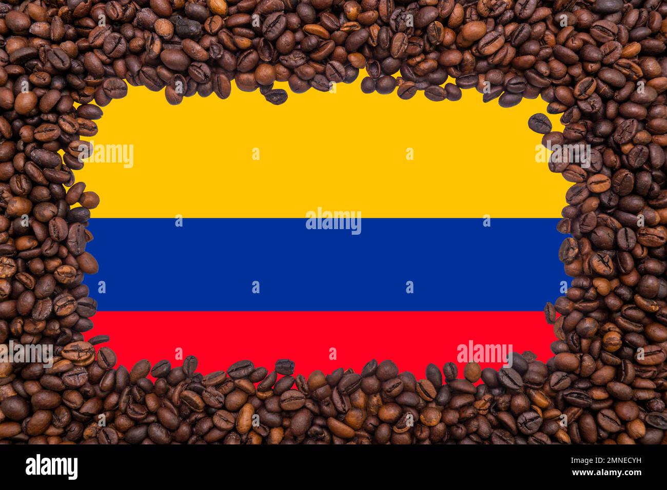 Frame of roasted coffee beans on the background of the flag of Colombia ...