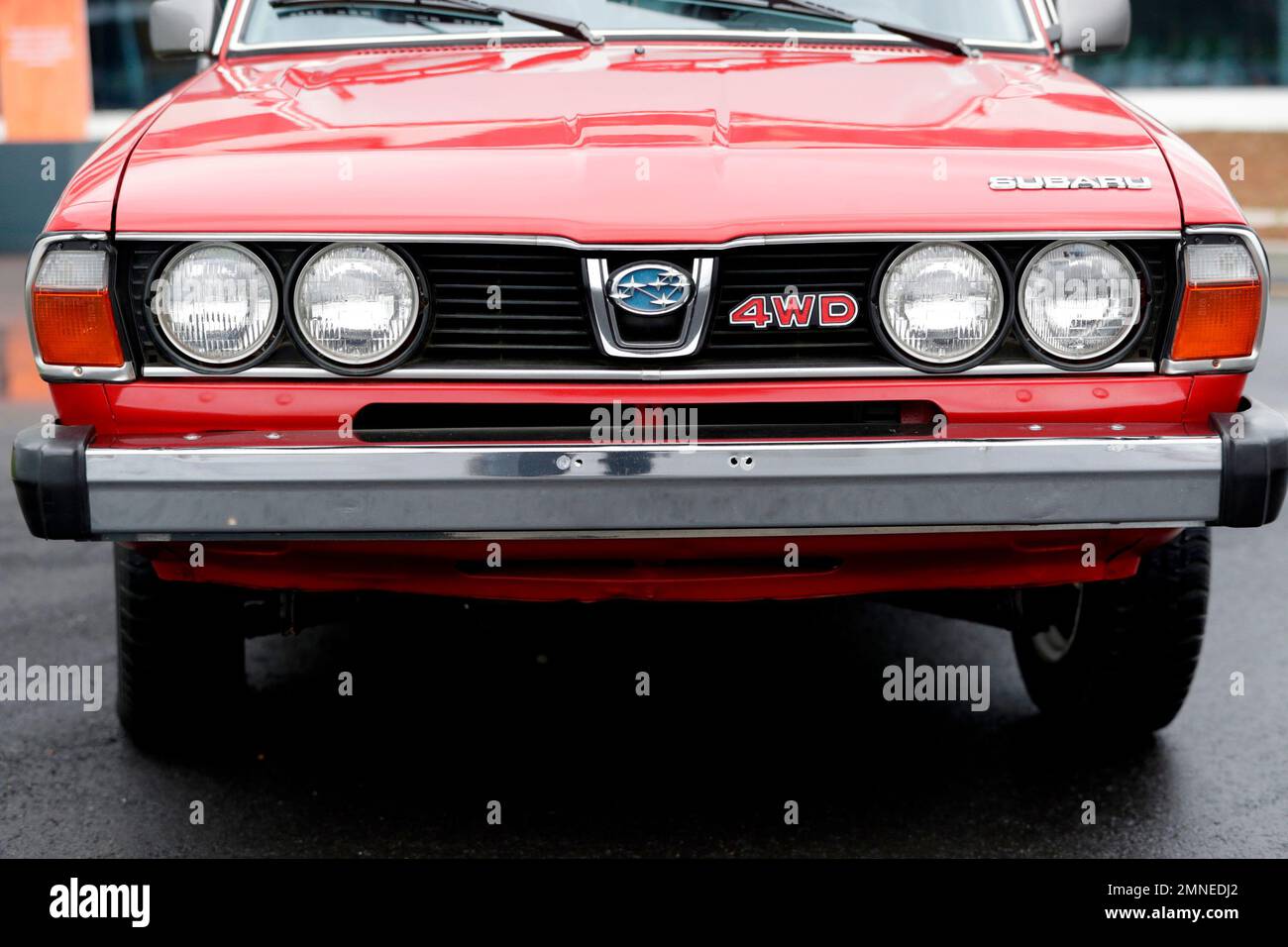 A vintage Subaru vehicle is seen on display in the parking lot of the ...