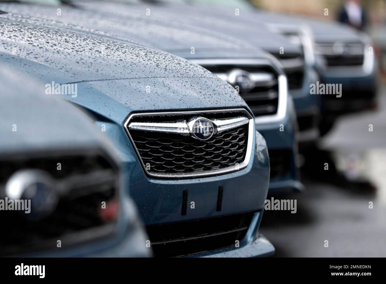 Vehicles are seen on display in the parking lot of the Subaru of ...