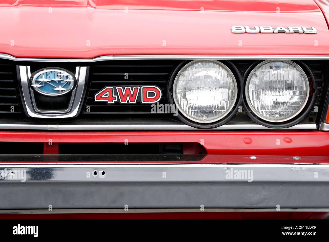 A vintage Subaru vehicle is seen on display in the parking lot of the ...