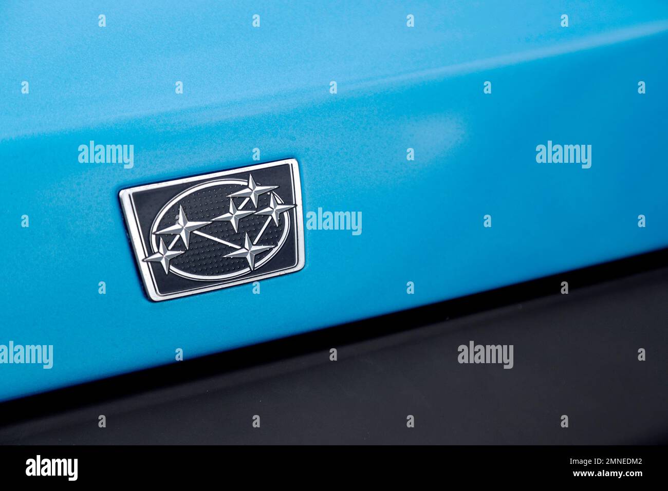 A vintage Subaru vehicle is seen on display in the parking lot of the ...