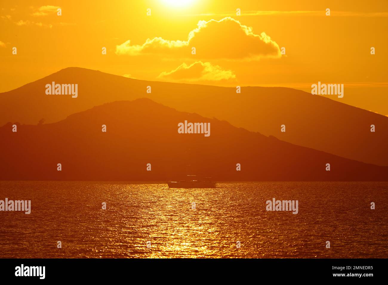 Alone sailboat at sunset. Atmospheric seascape with reflection Stock ...
