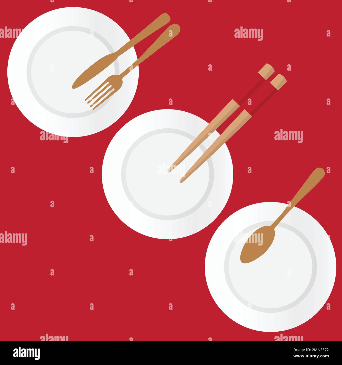 Three plates on red background one with a spoon, one with fork and ...