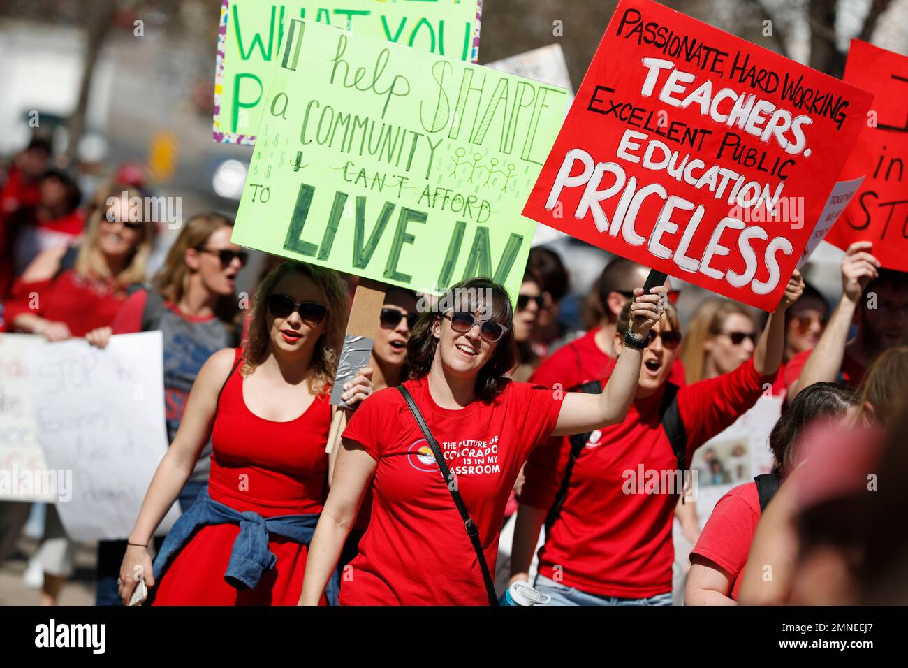 Teachers march during a rally, Friday, April 27, 2018, in Denver. More ...