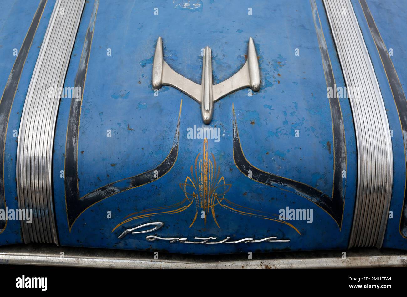 A US 1956 Pontiac Chieftain emblem is seen on a car hood at the Old Car ...