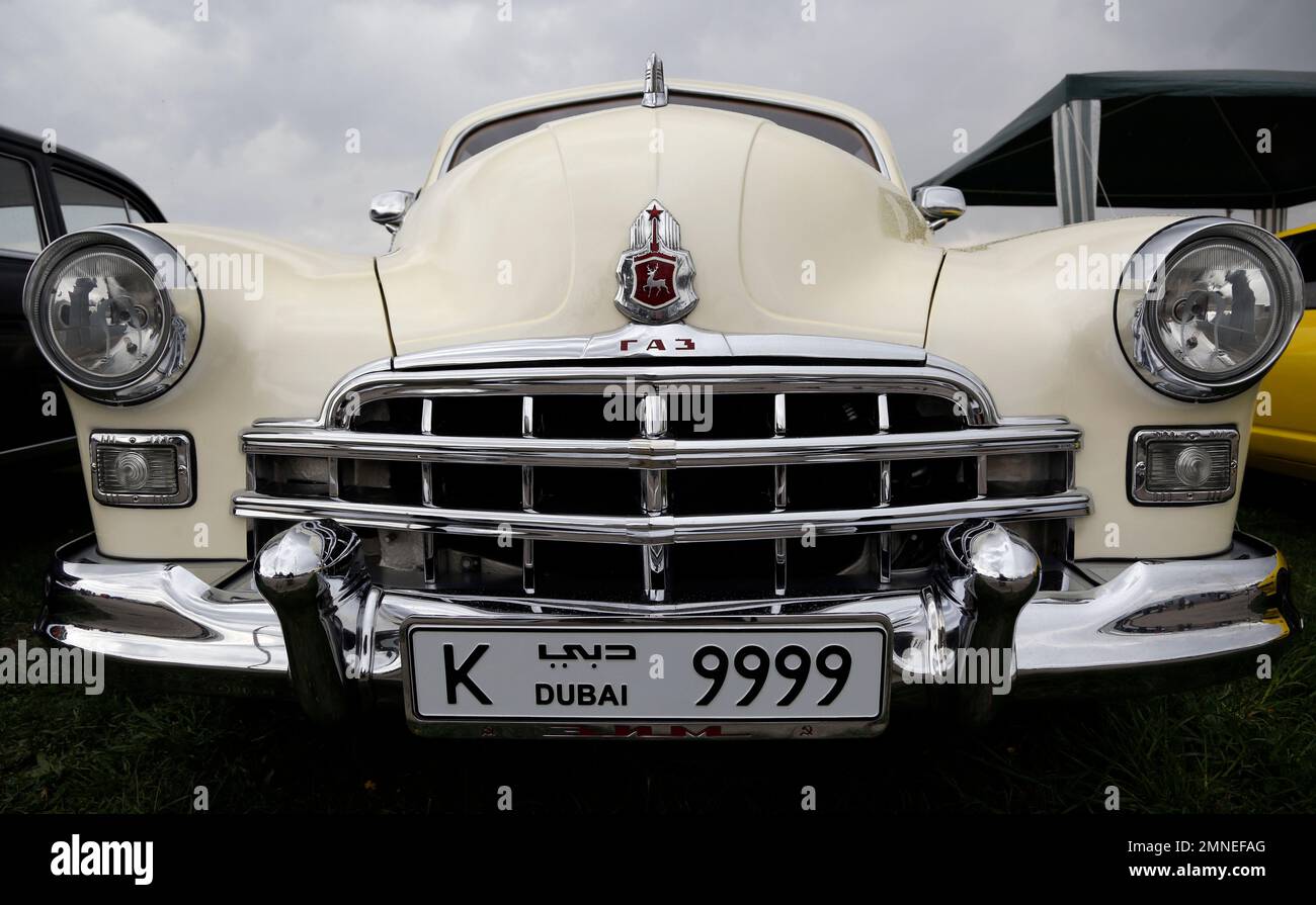 The radiator of a 1949 GAZ 12 Soviet-era car is seen at the Old Car ...