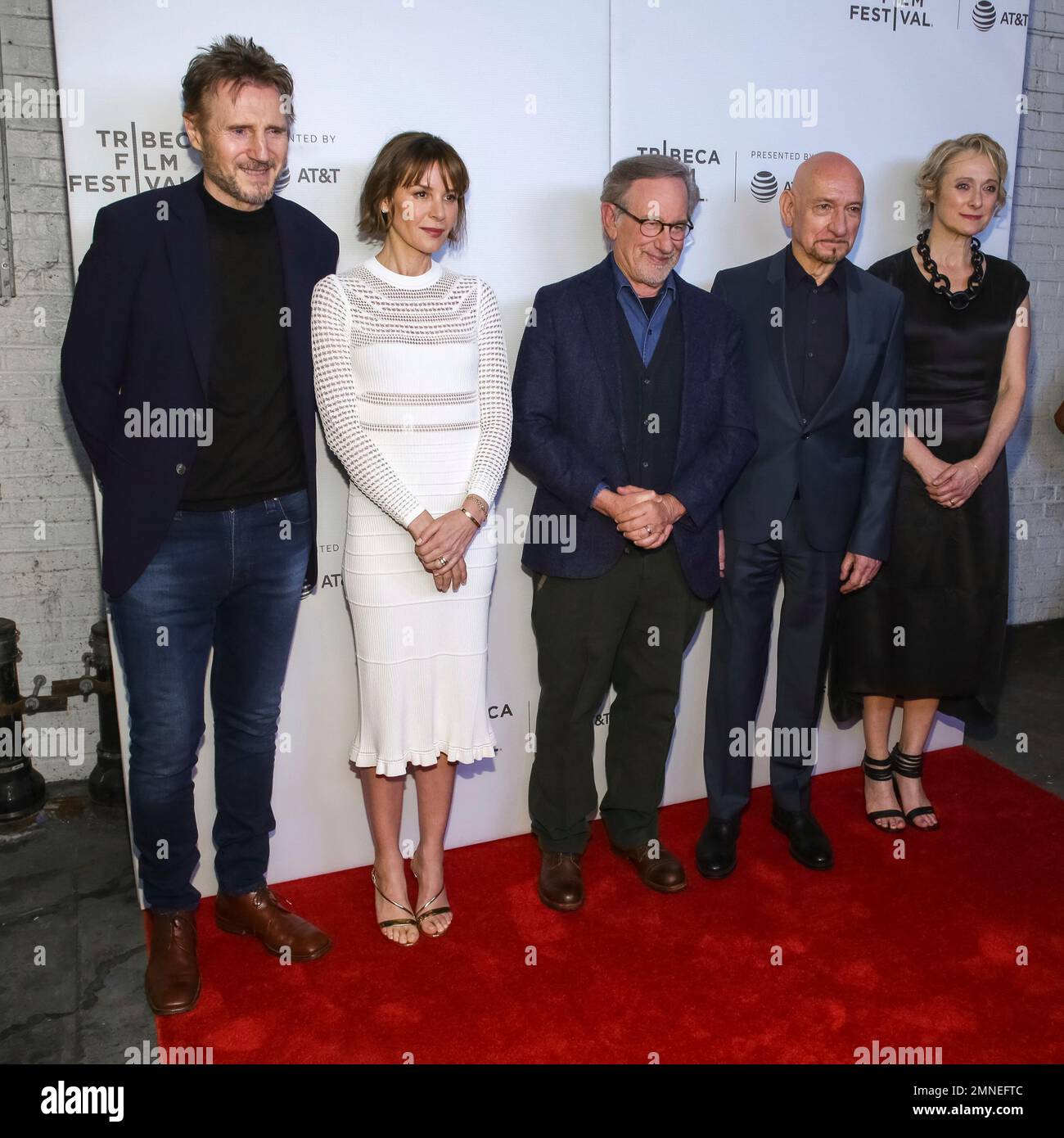 Actors Liam Neeson, from left, Embeth Davidtz, director Steven Spieberg ...