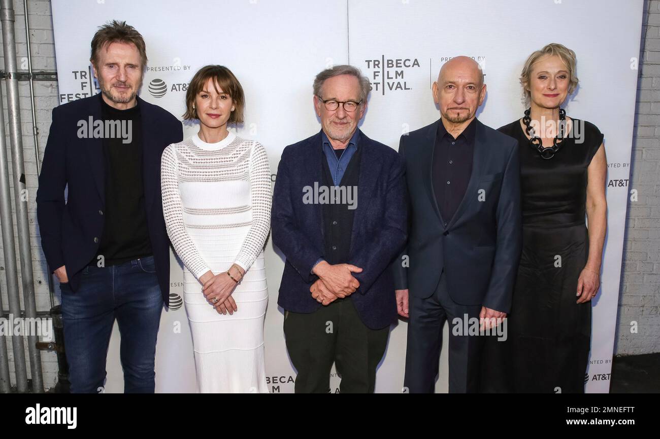 Actors Liam Neeson, from left, Embeth Davidtz, director Steven Spieberg ...