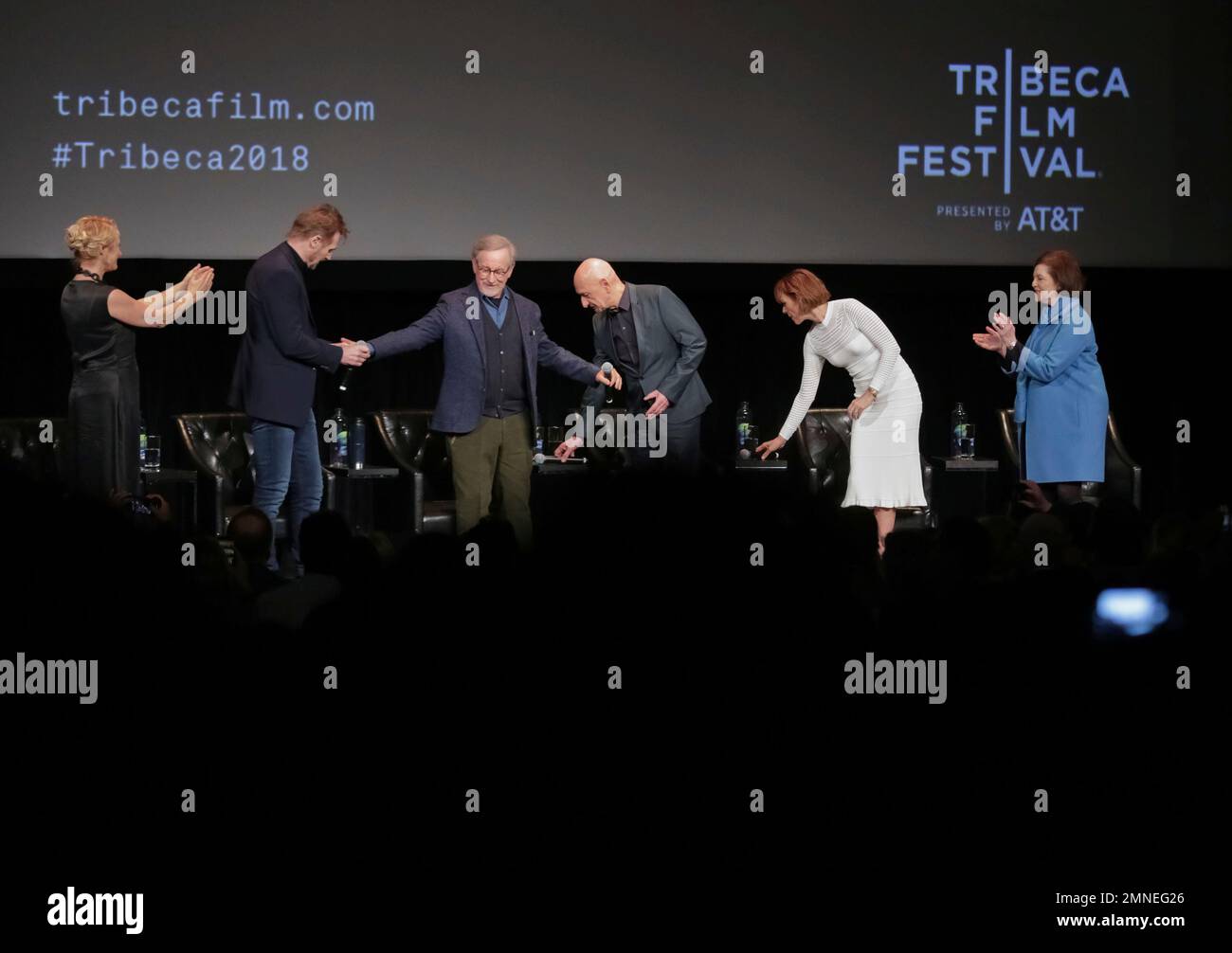 Actors Caroline Goodall, from left, Liam Neeson, director Steven ...