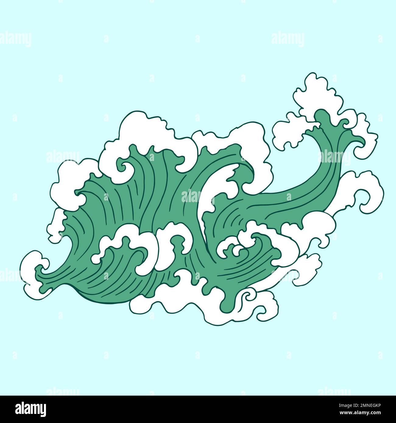 Colorful emerald sea waves with foam cartoon doodle style, isolated on ...