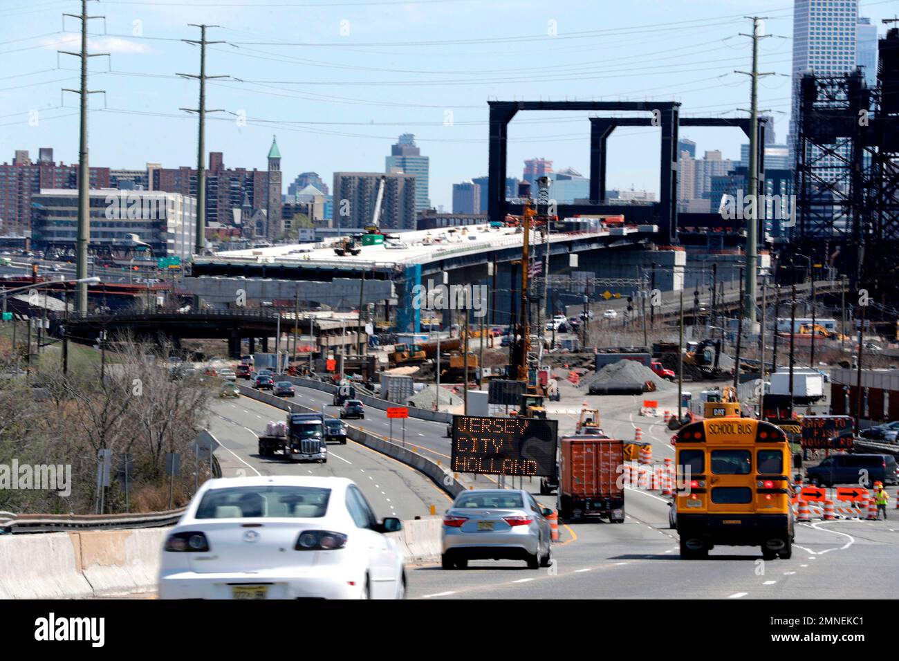 Construction of the new Newark Turnpike bridge is seen at a distance as ...