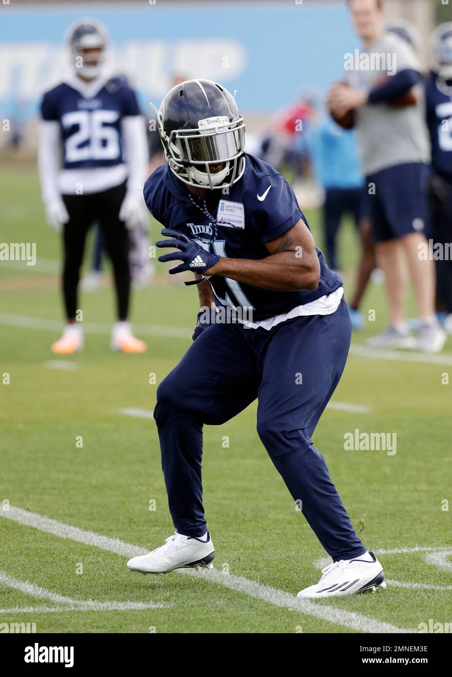 Tennessee Titans cornerback Malcolm Butler runs a drill during the team ...