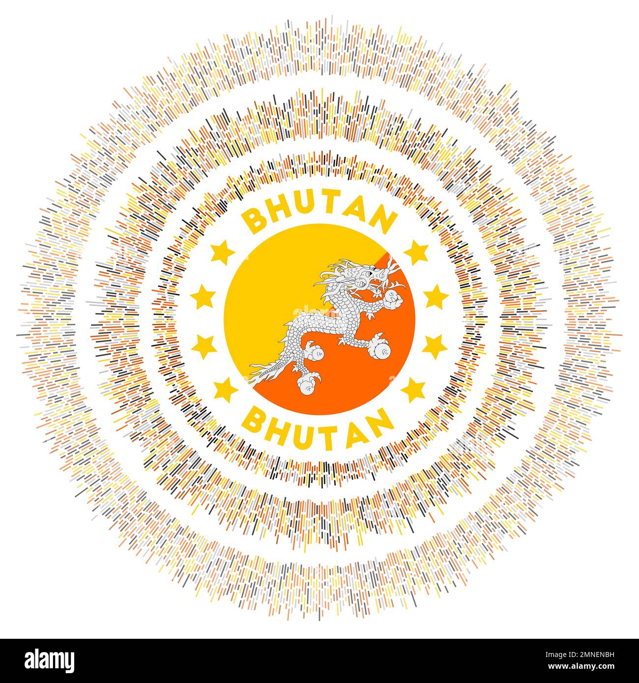 Bhutan symbol. Radiant country flag with colorful rays. Shiny sunburst ...