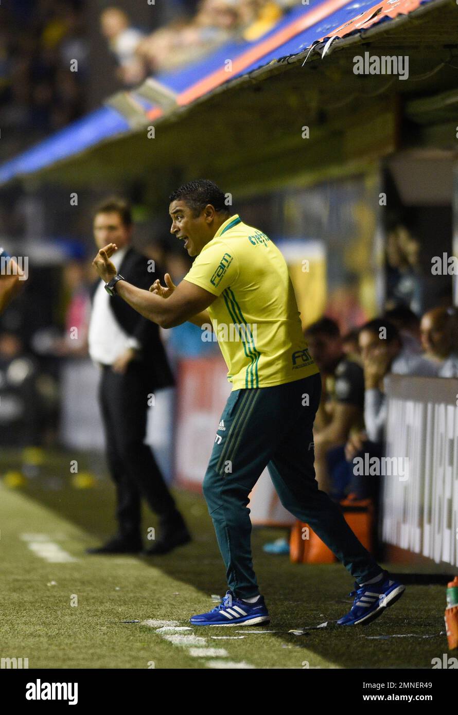 Roger Machado, coach of Brazil's Palmeiras, gives instructions to his ...