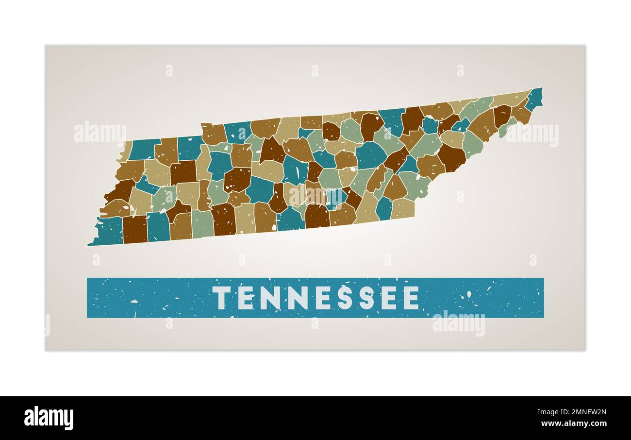 Tennessee map. US state poster with regions. Old grunge texture. Shape ...