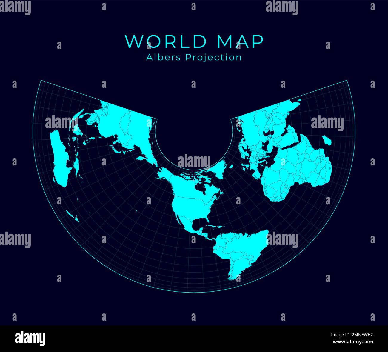 Map of the World. Albers equal-area conic projection. Futuristic ...