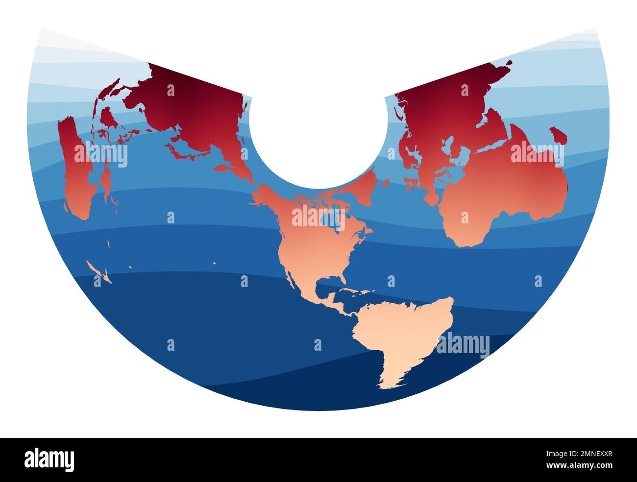 World Map Vector Albers Equal Area Conic Projection World In Red Orange Gradient On Deep Blue